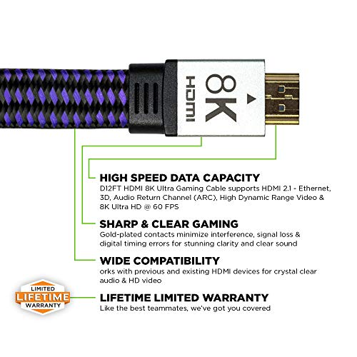 KontrolFreek 12FT (3.6m) HDMI 8K Ultra Gaming Cable Supports Ethernet, 3D, Audio Return Channel (ARC), High Dynamic Range Video and 8K Ultra HD @ 60 FPS- Black and Purple