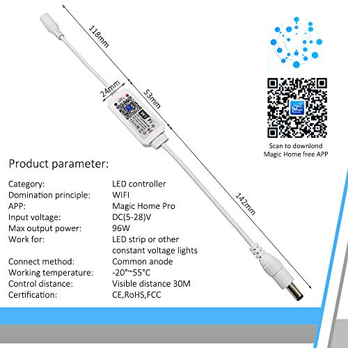 Sumaote Single Color LED Strip Lights WiFi Controller, Compatible with Android iOS Works for 5050 3528 COB LED Light Strips, 5V-28V, Voice Control, Dimmable, Timing Function