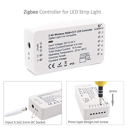 GLEDOPTO Zigbee Controller RGBW RGBCCT 5 in 1 LED Strip Light Controller,Compatible with SmartThings Hub, Zigbee Zll Link Device Amazon Alexa Echo,Smart Voice Timer APP Controller (RGBCCT)