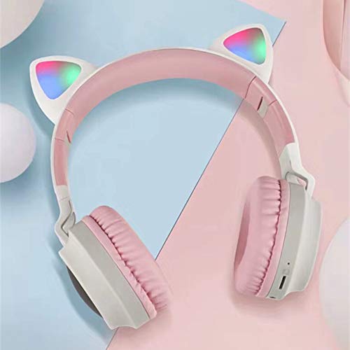 Cat Ear LED Light Cute Headsets, Wireless Bluetooth Gaming Headphones for PS5/ PS4/ PC, Stereo Surround Sound, Volume Control, Switch Songs, Voice Calls, RGB Lighting Gift for Girls (Pink)