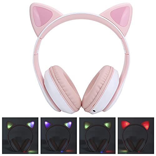 Cat Ear LED Light Cute Headsets, Wireless Bluetooth Gaming Headphones for PS5/ PS4/ PC, Stereo Surround Sound, Volume Control, Switch Songs, Voice Calls, RGB Lighting Gift for Girls (Pink)