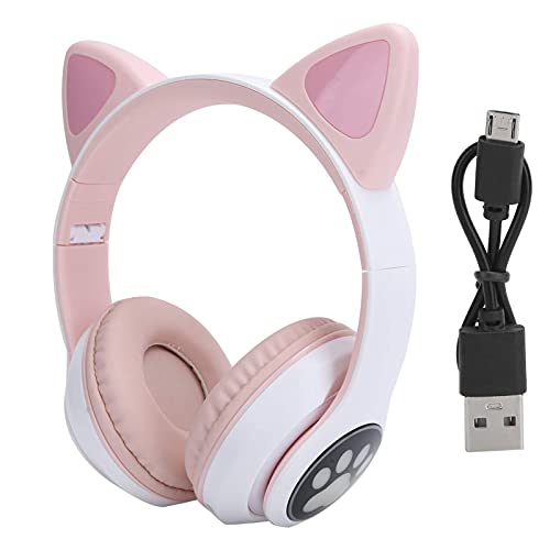 Cat Ear LED Light Cute Headsets, Wireless Bluetooth Gaming Headphones for PS5/ PS4/ PC, Stereo Surround Sound, Volume Control, Switch Songs, Voice Calls, RGB Lighting Gift for Girls (Pink)