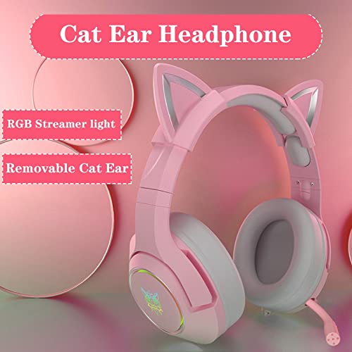 Cat Ear LED Light Cute Headsets, Wireless Bluetooth Gaming Headphones for PS5/ PS4/ PC, Stereo Surround Sound, Volume Control, Switch Songs, Voice Calls, RGB Lighting Gift for Girls (Pink)