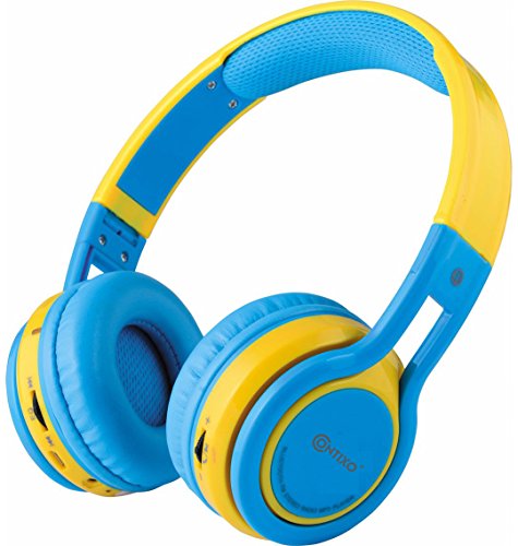 Contixo KB-2600 Kid Safe 85dB Over The Ear Foldable Wireless Bluetooth Headphone with Volume Limiter, Built-in Micro Phone, Micro SD Card Music Player, FM Stereo Radio, Blue/Yellow