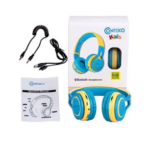 Contixo KB-2600 Kid Safe 85dB Over The Ear Foldable Wireless Bluetooth Headphone with Volume Limiter, Built-in Micro Phone, Micro SD Card Music Player, FM Stereo Radio, Blue/Yellow