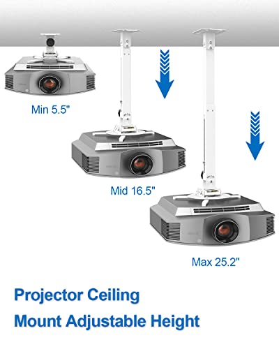 Joy Seeker Universal Wall or Ceiling Projector Mount, Extendable Low Profile Projector Bracket with Height Length Adjustable Arm, Full Motion Projector Holder/Hanger Fits Flat or Sloped Ceiling, White