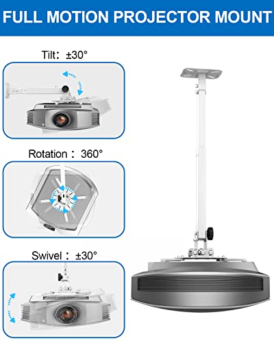 Joy Seeker Universal Wall or Ceiling Projector Mount, Extendable Low Profile Projector Bracket with Height Length Adjustable Arm, Full Motion Projector Holder/Hanger Fits Flat or Sloped Ceiling, White