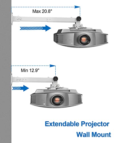 Joy Seeker Universal Wall or Ceiling Projector Mount, Extendable Low Profile Projector Bracket with Height Length Adjustable Arm, Full Motion Projector Holder/Hanger Fits Flat or Sloped Ceiling, White