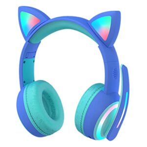 fouetoway cat ear kids headphones with bluetooth &wired, on-ear headset cute led light up with microphone for kids learning,gaming,music,compatible with laptop/pc/tv/smartphones(blue)