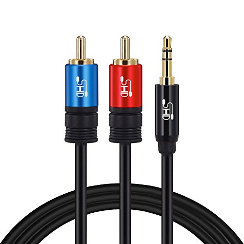 SHD 3.5mm Aux to 2RCA Y Splitter Stereo Audio Cable Male Type OFC Conductor High Flexible PVC Jacket Dual Shielding Gold Plated High End Metal Shell-Black 10Feet/3m