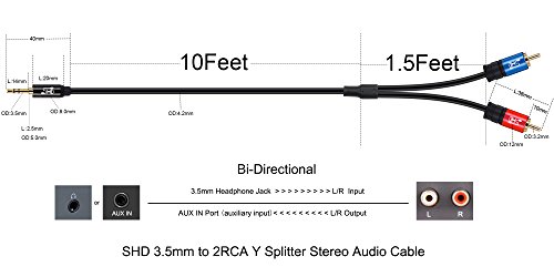 SHD 3.5mm Aux to 2RCA Y Splitter Stereo Audio Cable Male Type OFC Conductor High Flexible PVC Jacket Dual Shielding Gold Plated High End Metal Shell-Black 10Feet/3m