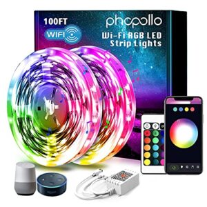 phopollo 100ft led lights for bedroom sync with music, led strip lights compatible with alexa and google home