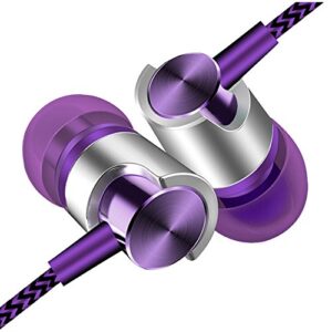 morecon universal wired earbuds/earphones with mic, in-ear noise-canceling design, superb bass stereo sound effect, comfortable ergonomic design for 3.5mm audio port cell phones, computers (purple)