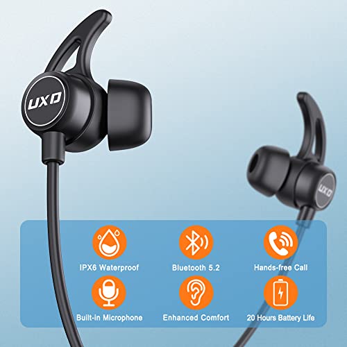 UXD Bluetooth Headphones, IPX6 Sweatproof in Ear Headphones with Magnetic Earbuds and Microphone, 24 Hours Playtime Wireless Headphones for Gym Running Outdoor Sports Workout