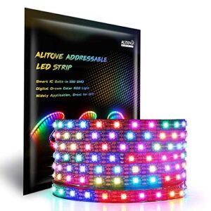 alitove 16.4ft 300 pixels ws2812b programmable addressable led strip light black pcb 5050 rgb dream color flexible led rope light dc5v not waterproof