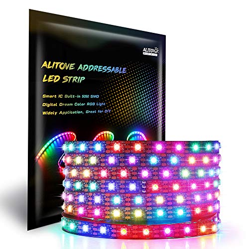 ALITOVE 16.4FT 300 Pixels WS2812B Programmable Addressable LED Strip Light Black PCB 5050 RGB Dream Color Flexible LED Rope Light DC5V Not Waterproof