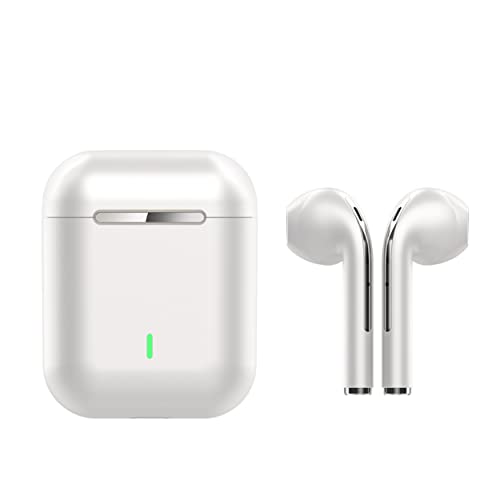 One-Touch On/Off Bluetooth 5.0 Stereo Earbuds 4 Hours Talking or Playtime Deep Bass Crystal-Clear Calls Headset with Charging Case for iPhone & Android Phone, White, J18