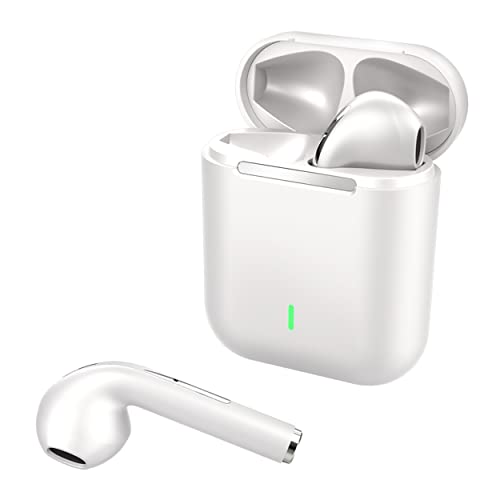 One-Touch On/Off Bluetooth 5.0 Stereo Earbuds 4 Hours Talking or Playtime Deep Bass Crystal-Clear Calls Headset with Charging Case for iPhone & Android Phone, White, J18