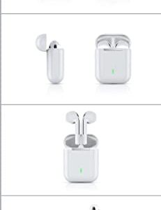 One-Touch On/Off Bluetooth 5.0 Stereo Earbuds 4 Hours Talking or Playtime Deep Bass Crystal-Clear Calls Headset with Charging Case for iPhone & Android Phone, White, J18