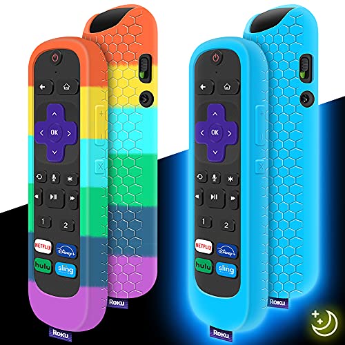 2 Pack Case for Roku Voice Remote Pro,Cover Roku Ultra 2020/2019/2018 Remote Control Silicone Protective Controller Back Sleeve Holder Replacement Skin Battery New Protector-Glow Blue,Rainbow