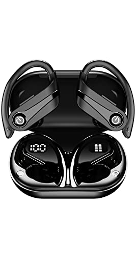 Bluetooth Headphones Wireless Earbuds 48hrs Playback IPX7 Waterproof Earphones Over-Ear Stereo Bass Headset with Earhooks Microphone LED Battery Display for Sports/Workout/Gym/Running GNMN Black