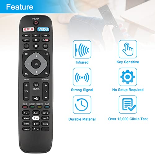 NH500UP Remote Control TV Controller Replacement for Philips Smart TV 2K 4K UHD TVs, Philips Smart Ultra HDTV, Philips LED LCD Television with Netflix, YouTube, Vudu and NETTV Keys