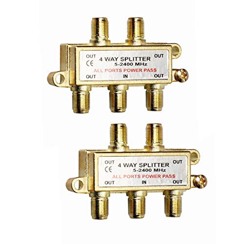 WEVZENEY 4-Way Coaxial Cable Splitter, 2.4 Ghz 5-2400 MHz, Works with STB TV, Satellite, High Speed Internet, Antenna and MoCA Network, Gold Plated Connectors, Corrosion Resistan,2-Pack