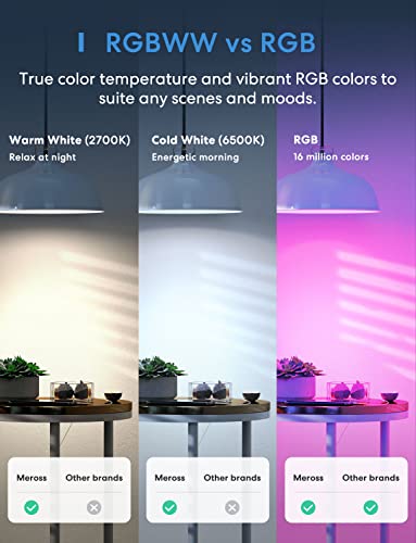 meross Smart LED Light Bulb, Smart WiFi LED Bulbs Compatible with Apple HomeKit, Siri, Alexa, Google Home & SmartThings, Dimmable E26 Multicolor 2700K-6500K RGBWW, 900 Lumens 60W Equivalent, 2 Pack