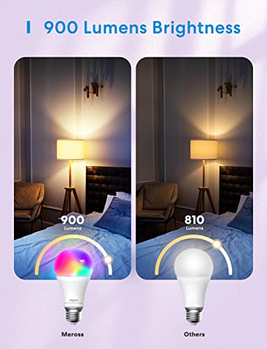 meross Smart LED Light Bulb, Smart WiFi LED Bulbs Compatible with Apple HomeKit, Siri, Alexa, Google Home & SmartThings, Dimmable E26 Multicolor 2700K-6500K RGBWW, 900 Lumens 60W Equivalent, 2 Pack