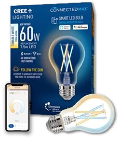 cree lighting connected max smart led vintage glass filament bulb a19 60w tunable white, 2.4 ghz, works with alexa and google home, no hub required, bluetooth + wifi, 1pk (cma19-60w-al-9tw-gl)