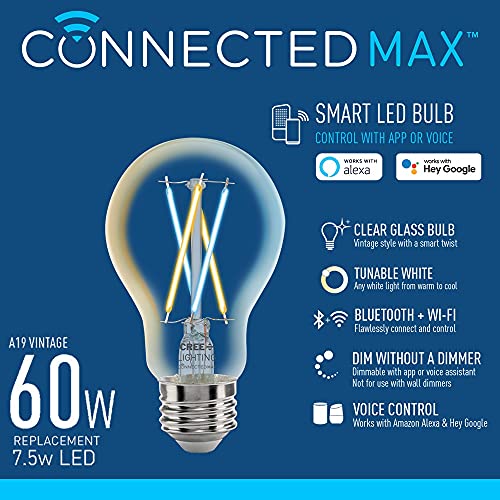 Cree Lighting Connected Max Smart Led Vintage Glass Filament Bulb A19 60W Tunable White, 2.4 Ghz, Works With Alexa And Google Home, No Hub Required, Bluetooth + Wifi, 1Pk (Cma19-60W-Al-9Tw-Gl)