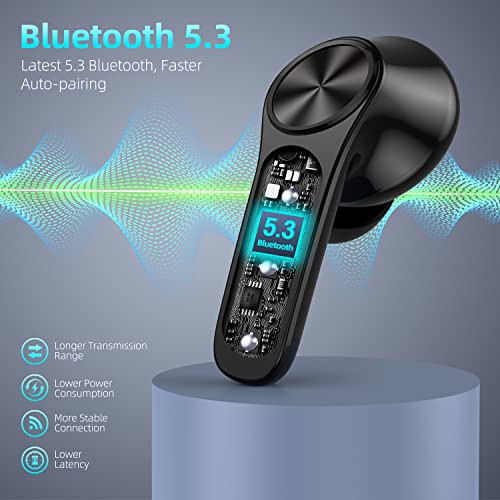 Bluetooth Headphones, 24H Playtime 5.3 Wireless Bluetooth Earbuds Deep Bass Clear Call, IPX6 Waterproof Sport Ear Buds with USB-C, Led Display Touch Contro In-Ear Headset Compatible for iPhone Android