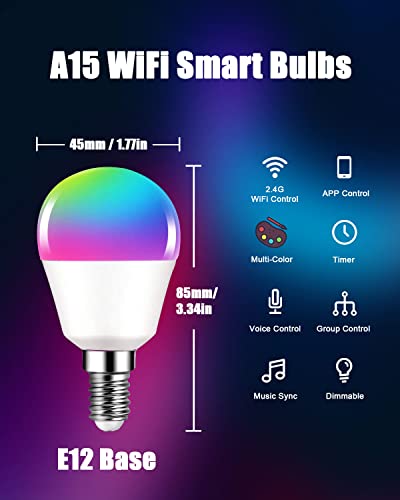 DOGAIN E12 Smart Light Bulbs, A15 Small Smart Bulb 6W=40W Compatible with Alexa, Google Home WiFi-Bluetooth RGB Color Changing Lights 500LM Candle Base Ceiling Fan Light Bulbs (Only 2.4Ghz) 4Pack