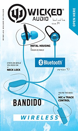 Wicked Audio Bandido Wireless — Bluetooth Earbuds with Microphone and Track Control — Wireless Headset with Metal Housing, Loop and Fin Attachments and Enhanced Bass — Blue