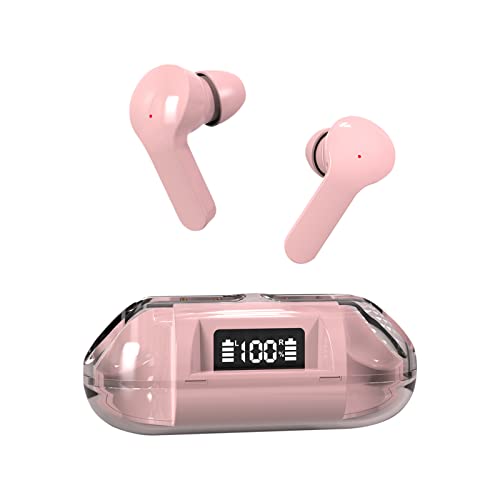 Wireless Earphone Bluetooth 5.3 Headphones Transparent Digital Display Headphones Mini In-ear Wireless Sports Music Earbuds with Microphone Noise Cancelling Headset (Pink)