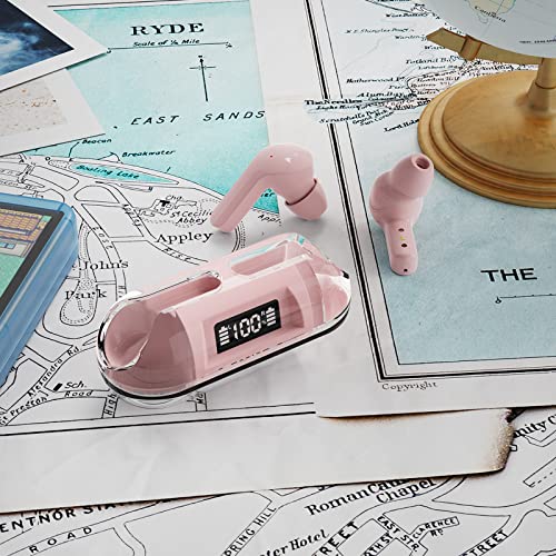 Wireless Earphone Bluetooth 5.3 Headphones Transparent Digital Display Headphones Mini In-ear Wireless Sports Music Earbuds with Microphone Noise Cancelling Headset (Pink)