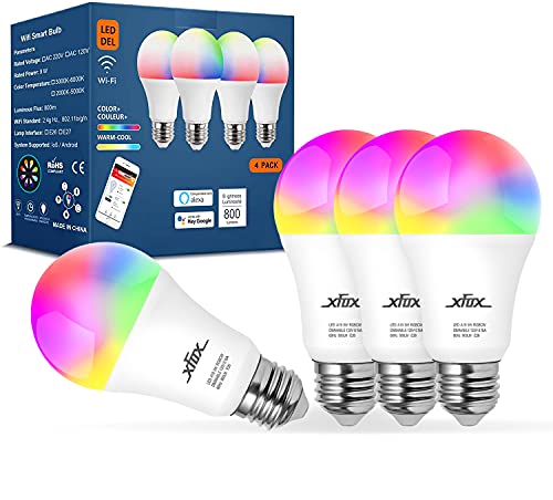 Smart Light Bulbs RGB+CCT Color Light Bulb WiFi Smart Bulbs Compatible with Alexa Google Home Smart Things No Hub Required Dimmable LED A19 E26 Multicolor High CRI High Brightness 9W 800LM 4Pack