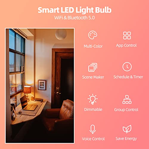 Smart WiFi Bulb with Remote, Dimmable Color Changing E26 A19 9W App Control LED Smart Light Bulbs, Work with Alexa Google Home and Siri (4Pack)