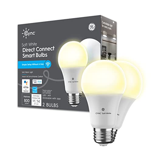 GE CYNC Smart LED Light Bulbs, Soft White, Bluetooth and Wi-Fi, Works with Alexa and Google Home, A19 Bulbs (2 Pack)