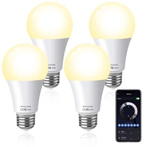 hutakuze smart light bulbs, wifi+ble smart bulb, led bulb work with alexa & google assistant, a19/e26, 9w 120v 806lm, schedules, dimmable, biorhythm, no hub (4 pack)