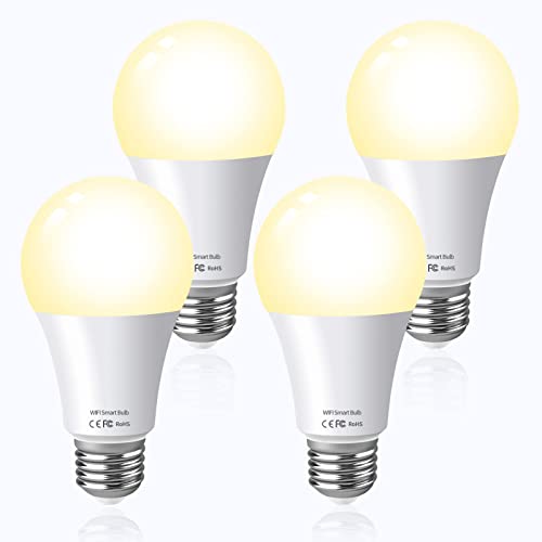 HUTAKUZE Smart Light Bulbs, WiFi+BLE Smart Bulb, LED Bulb Work with Alexa & Google Assistant, A19/E26, 9W 120V 806lm, Schedules, Dimmable, Biorhythm, No Hub (4 Pack)