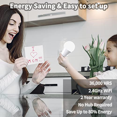 HUTAKUZE Smart Light Bulbs, WiFi+BLE Smart Bulb, LED Bulb Work with Alexa & Google Assistant, A19/E26, 9W 120V 806lm, Schedules, Dimmable, Biorhythm, No Hub (4 Pack)