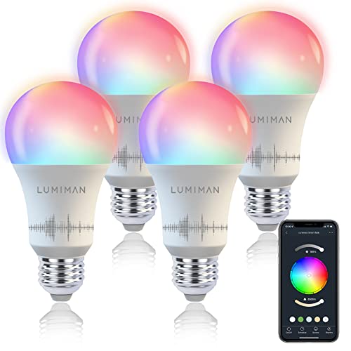 LUMIMAN WiFi Smart Light Bulbs A19 LED Color Changing Light Bulb That Work with Alexa Google Home E26 2700K-6500K Dimmable RGB Lights 800 LM 7.5W 60W Eqv. No Hub Required 4 Pack