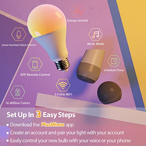 LUMIMAN WiFi Smart Light Bulbs A19 LED Color Changing Light Bulb That Work with Alexa Google Home E26 2700K-6500K Dimmable RGB Lights 800 LM 7.5W 60W Eqv. No Hub Required 4 Pack