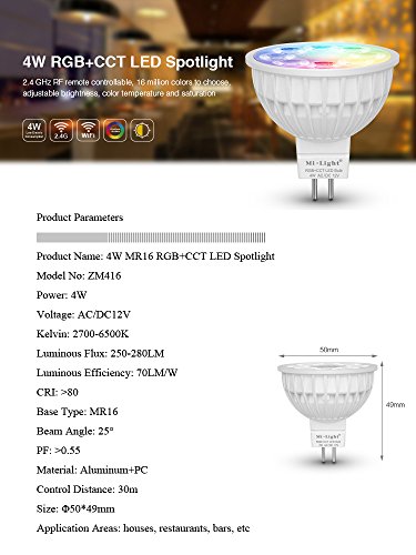 LGIDTECH FUT104 Miboxer 4W MR16 Led 2.4GHz Bulb Spotlight GU5.3 Socket AC/DC 12V RGB+CCT Color and Temperature Changeable Dimmable,But Single Bulb Wouldn't Work.Controller and Hub is Sold Separately