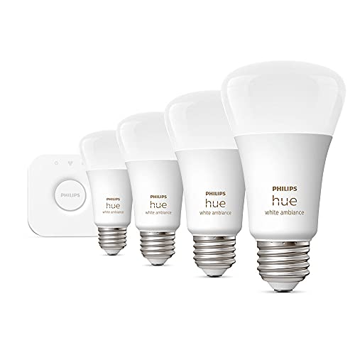 Philips Hue White Ambiance Smart Bulb Starter Kit (4 A19 Bulbs and 1 Hub Works with Alexa Apple HomeKit and Google Assistant)