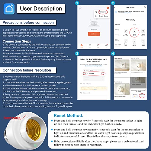 Bahong Smart WiFi Light Socket,Smart Home Mini Socket,E26/E27 Lamp Bulb Adapter with APP Remote Control Timer,Wireless Remote Control Lamp Holder,Only Support 2.4GHz Network (1PC)