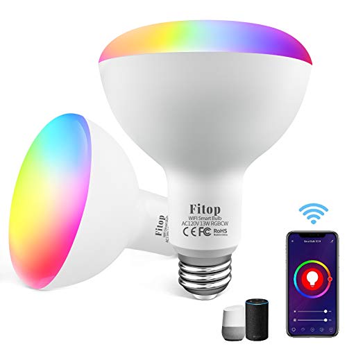 Smart Bulbs, BR30 Smart Light Bulb Compatible with Alexa Google Home, Dimmable Color Changing Music Sync 2.4Ghz WiFi Bulbs 13W 1200LM No Hub Required, 100W Equivalent IP64 Waterproof Fitop 2 Pack E26