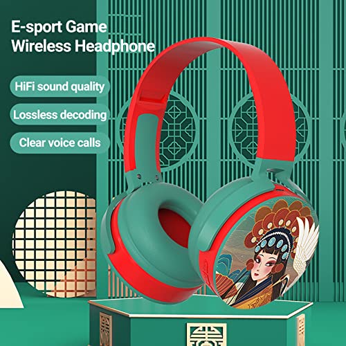 Bluetooth-Compatible Headphone Support Card Playback Over Ear Chinese Opera Print Bluetooth-Compatible Sport Gaming Headphone for Running Green