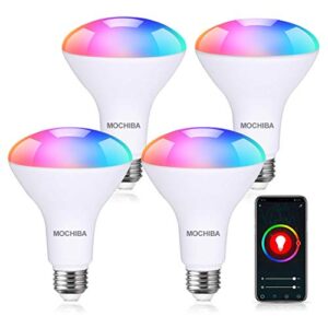 mochiba smart wifi led light bulbs, compatible with alexa and google home assistant, music sync multi color changing bulb, br30 e26 10w 1000lm (80w equivalent), 4-pack, white, (mkbr)